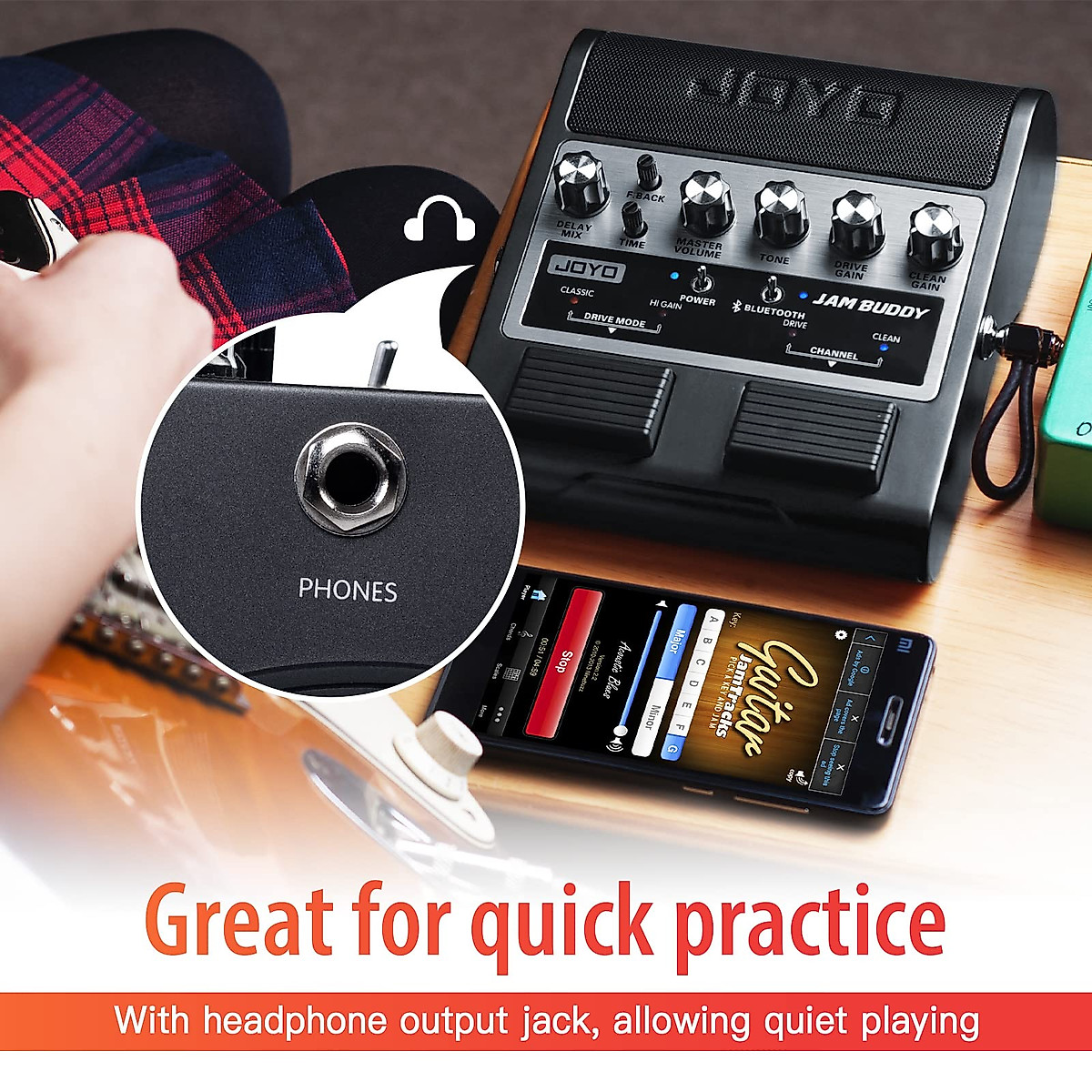 JOYO Portable Guitar Practice Amp & Pedal All-in-One Rechargeable Bluetooth Combo Guitar Amplifier with Effect & Footswitch Jam Buddy