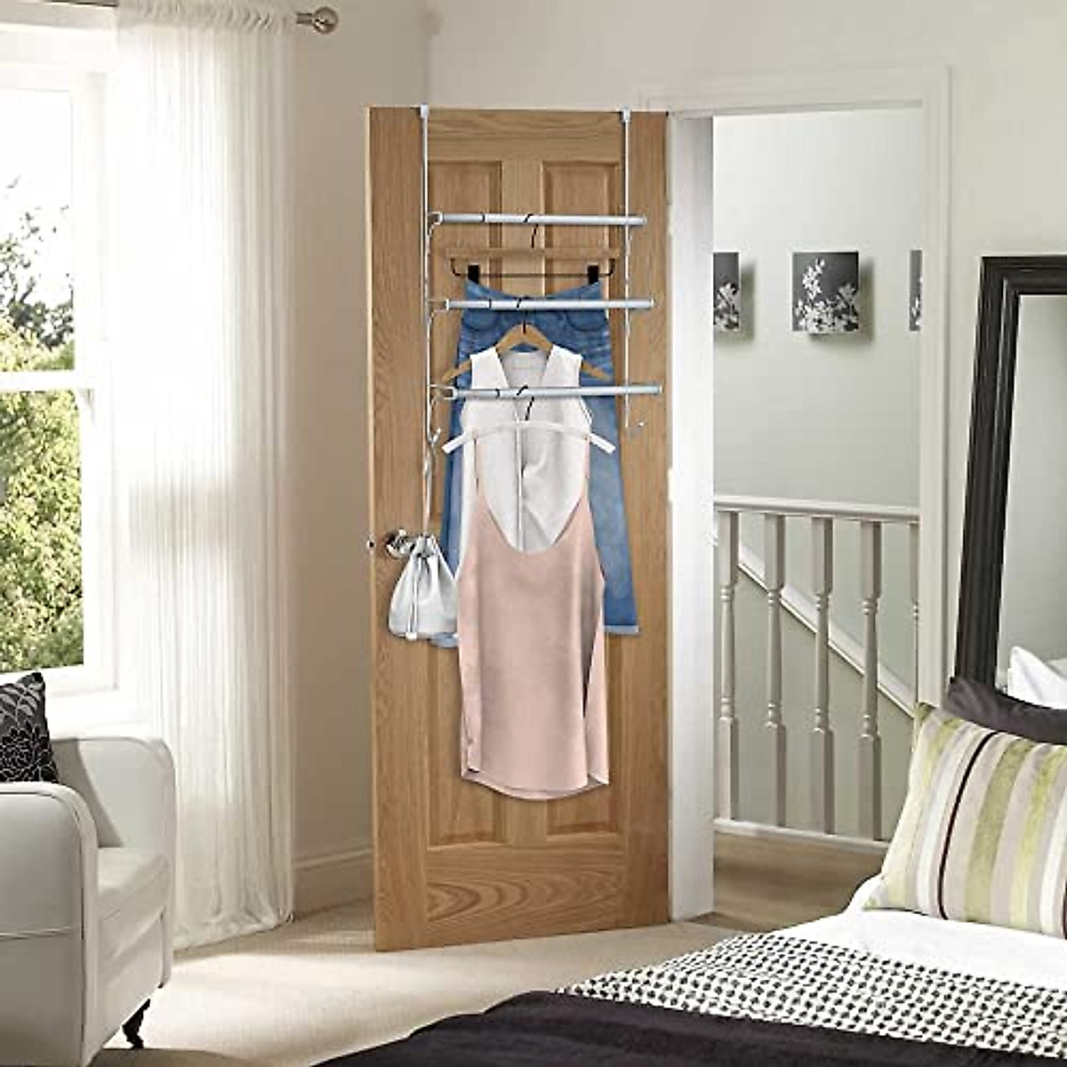 Auledio Adjustable Over The Door Triple Towel Rack with Hooks,Silver