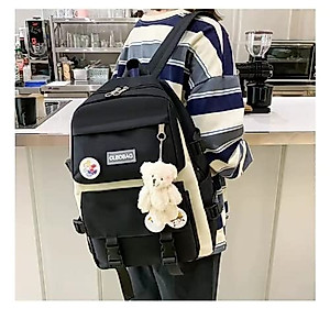 Teslawi kawaii backpack 4Pcs Set Aesthetic backpack 17in backpack，with Kawaii Pendants，Crossbody Bag ，Pencil Case, Handbag (Black)