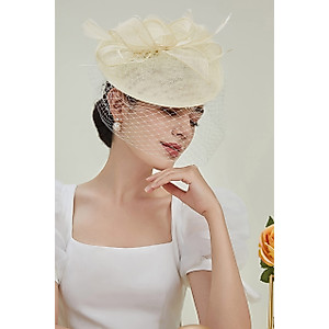 BABEYOND Women's Pillbox Fascinator Hat Kentucky Hat Feather Derby Fascinator Tea Party Fascinator Hat with Veil for Cocktail Off-White