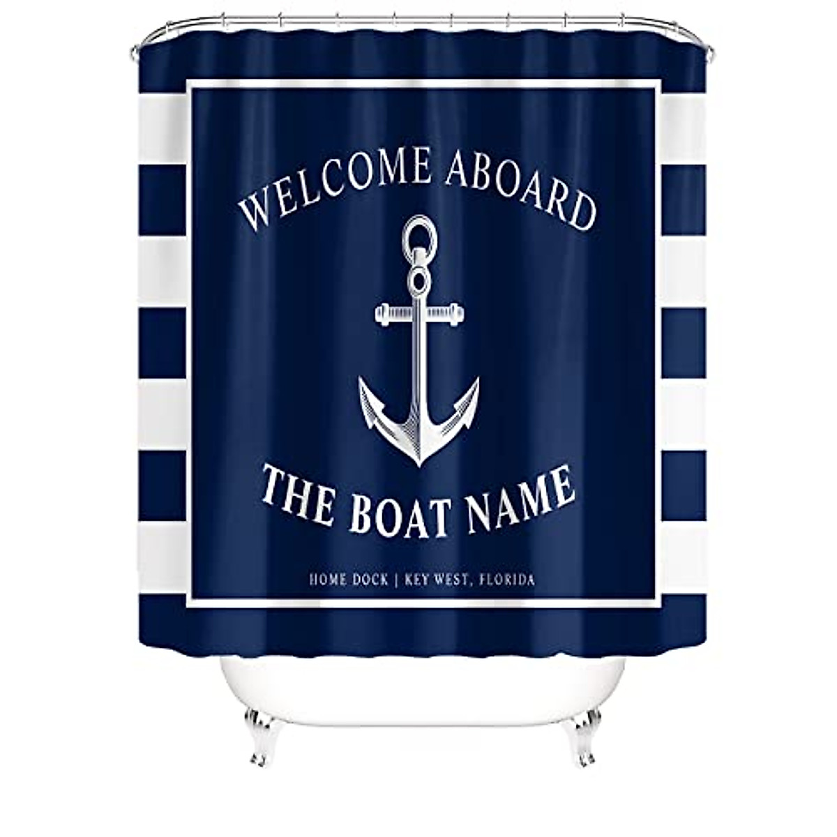 4Pcs Navy Blue Anchor Shower Curtain Set with Non-Slip Rugs and Toilet Lid Cover Navy Strip Nautical Theme Fabric Shower Curtain Bathroom Decor with Hooks Waterproof Washable 72" x 72''