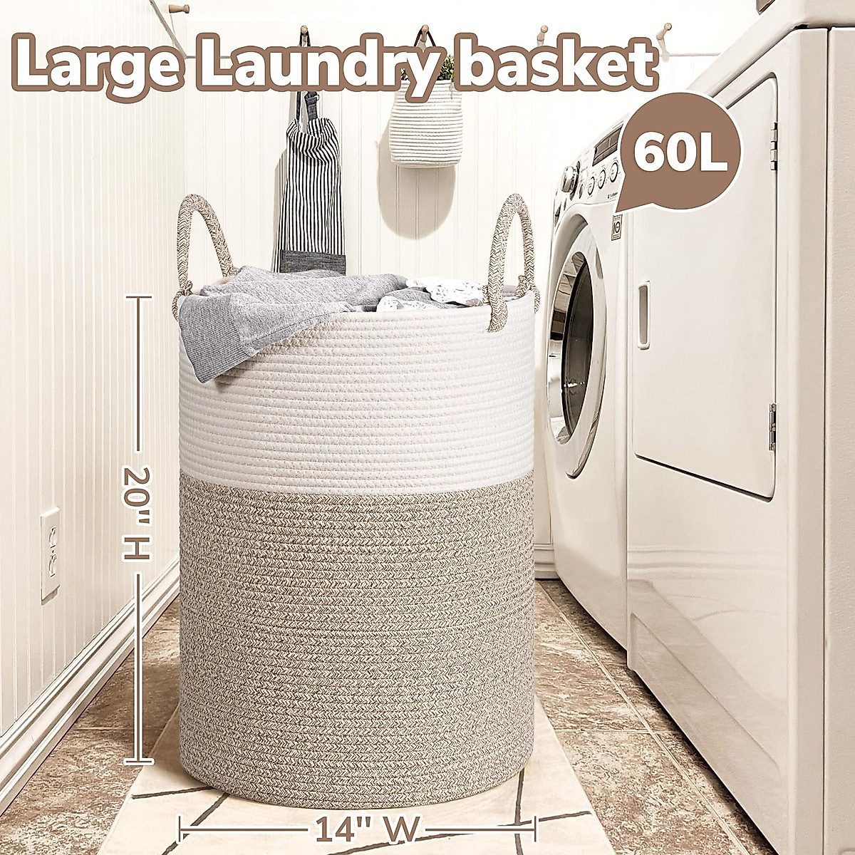 INDRESSME Large Laundry Hamper, Baby Laundry Hamper for Toys, Tall Woven Laundry Basket for Clothes, Blanket Storage Basket for Living Room, 19.7 x 13.8 inches, Light & Brown