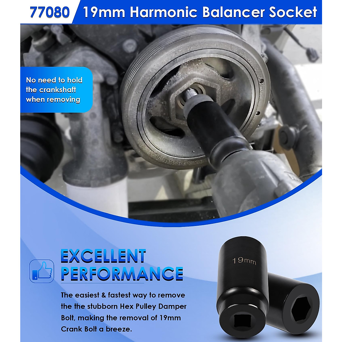 For Honda 19mm Crank Bolt Socket 77080 Harmonic Balancer Socket Tool, 3 Times Momentum Power of Standard Impact Socket
