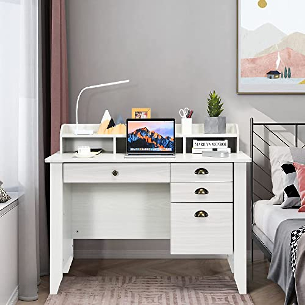 Tangkula White Desk with 4 Storage Drawers & Hutch, Home Office Computer Desk Vintage Desk with Storage Shelves, Wooden Executive Desk Writing Study Desk (White)