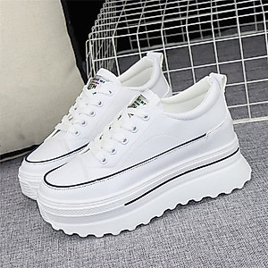Hoxekle Womens Platform Sneaker Wedges Lace Up Shoe Modish Chunky Sneakers Invisible Height Increasing Leisure Athletic Shoe White