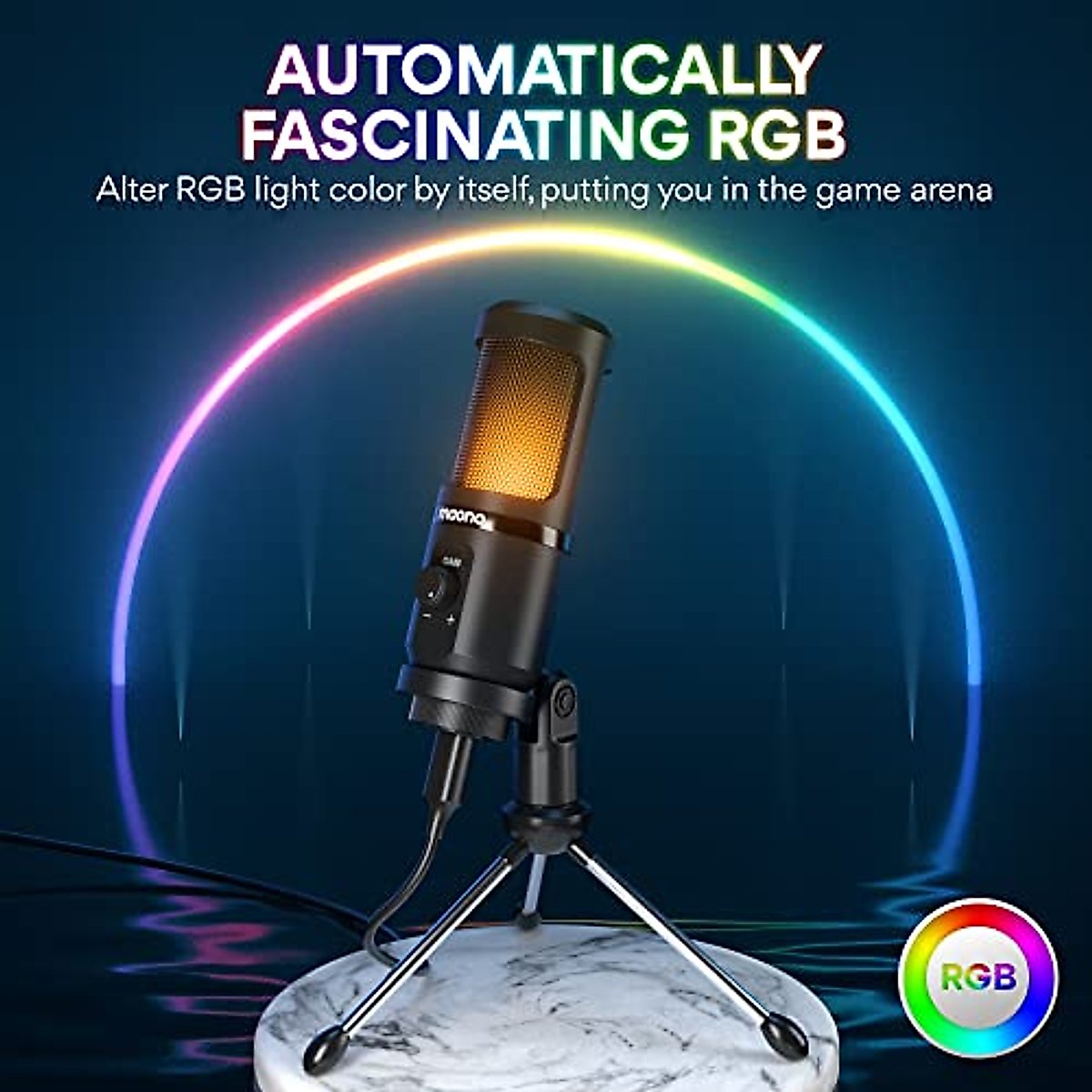 MAONO USB Gaming Microphone for PC, Computer Condenser Mic with Gain Knob, RGB Light, Tripod Stand for Recording, Podcasting, Streaming, Compatible with PS5 PS4 Mac Laptop Desktop (PM461TR RGB)