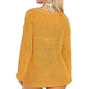 Danedvi Womens Long Sleeve Oversized Sweater Tops Crewneck Ribbed Knit Pullover See Through Lightweight Crochet Jumper Orange