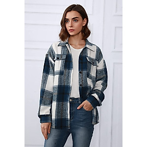 Trendy Queen Womens Casual Plaid Shacket White Button Down Shirt Long Sleeve Shirts Fall Jacket Shackets,Blue
