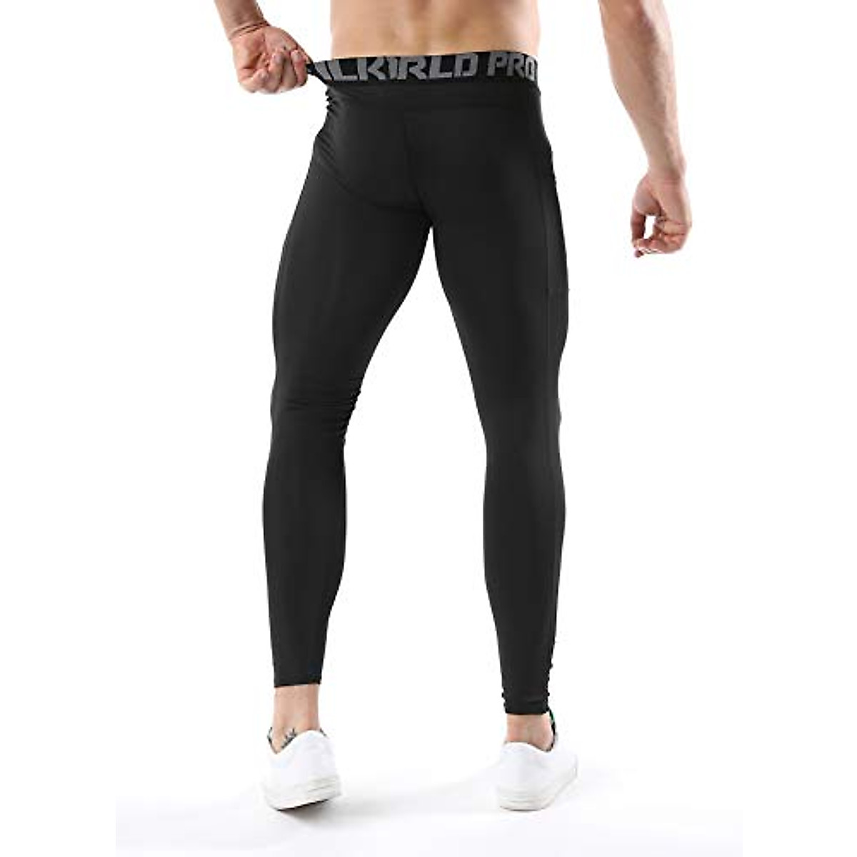 SILKWORLD 3 Pack Mens Compression Pants Running Tights with Pockets Mens Leggings for Sports (Pack of 3: Black, Gray, White, Large)