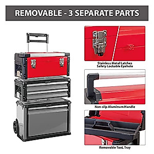 BIG RED TRJF-C305ABD Torin Garage Workshop Organizer: Portable Steel and Plastic Stackable Rolling Upright Trolley Tool Box with 3 Drawers, Red