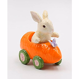 Fine Ceramic Bunny Rabbit on Carrot Cart Salt & Pepper Shakers, 4 1/4" L