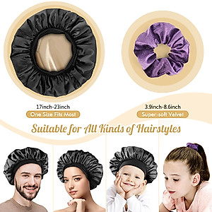 Hafree Silk Satin Bonnet, Hair Wrap Adjustable Sleep Cap with 2 Pieces of Scrunchies for Women Men Double Layer Lined Bonnets for Curly Braid Hair (Black)