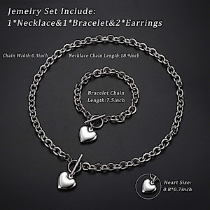 LOYALLOOK 3Sets Heart Pendant Necklace Toggle Chain Heart Bracelet Heart Stud Earrings for Women Stainless Steel Charm Love Heart Jewelry Set for Valentine's Day