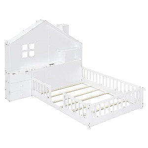 EOVTK Full Size Montessori House Floor Bed with Bedside Drawers and Shelves, Wooden Platform Bed with a Set of Sockets and USB Port for Kids, Boys, Girls, White