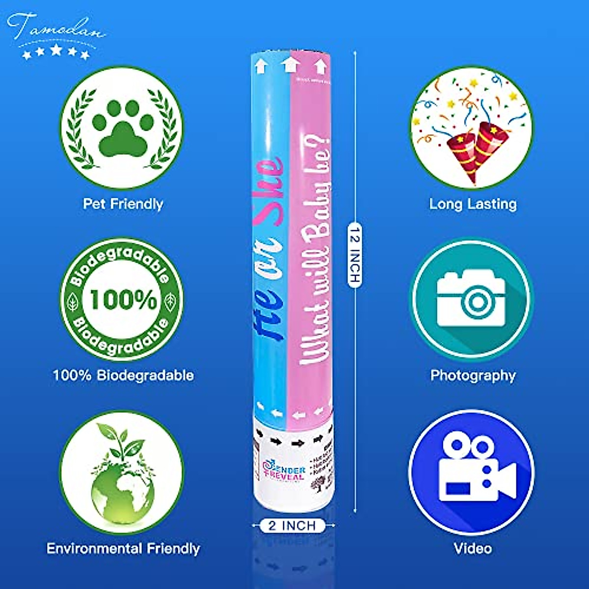 Tamodan Gender Reveal Confetti Cannon Blue，Set of 4 Gender Reveal Powder Cannon – Gender Reveal Confetti Powder Cannon Blue only Ideal for Pregnancy Announcement(4 Blue)