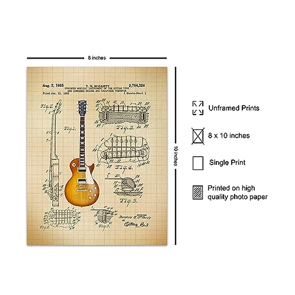Guitar Patent Print - Iconic Electric Guitar of Famous Musicians - Music Gift for Rock n Roll Fan, Musicians, Guitar Player - Cool Wall Art, Home Decor Artwork Poster Picture - 8x10 Unframed
