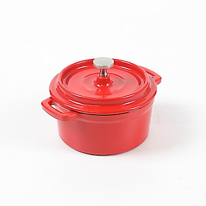 HAWOK Enameled Cast Iron Mini Round Cocotte Set, 0.3QT Mini Dutch Ovens with Lids and Bamboo Trays, 270ml/9.13oz/1.08cups, Set of 2, Red