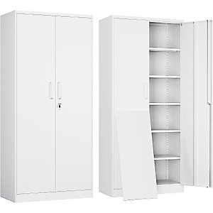 Yizosh Metal Garage Storage Cabinet with 2 Doors and 5 Adjustable Shelves - 71" Steel Lockable File Cabinet,Locking Tool Cabinets for Office,Home,Garage,Gym,School (White)