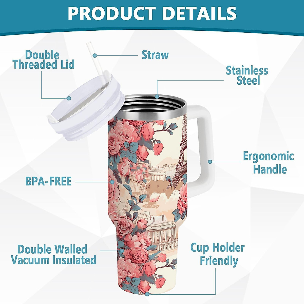 ALAZA Roses Flowers Eiffel Tower 40 oz Tumbler Water Bottle with Straw Lid and Handle,Reusable Insulated Stainless Steel Cup for Women Men Travel Car Cup Holder