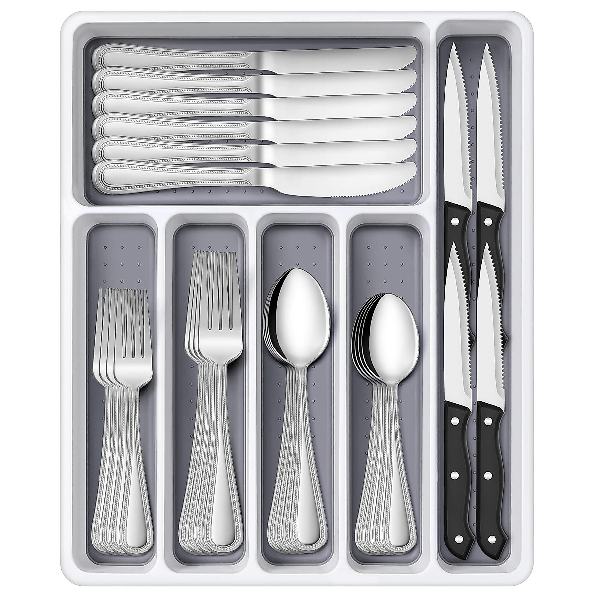 Hiware 48-Piece Silverware Set with Organizer, Stainless Steel Flatware for 8, Cutlery Utensil Sets with Steak Knives, Rust-proof, Mirror Polished, Dishwasher Safe