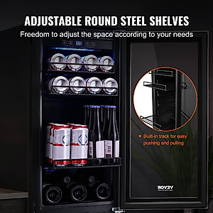 VEVOR 15” Beverage Refrigerator, 96 Cans Under Counter Built-in or Freestanding Beer Fridge, Blue LED Light, Adjustable Shelves, Child Lock, ETL