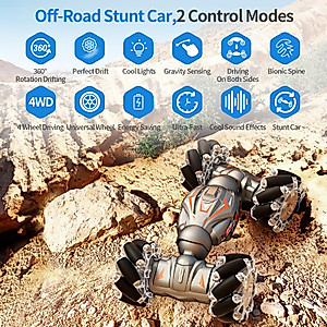 Deejoy 1:12 RC Stunt Car, 2.4GHz 4WD Remote Control Gesture Sensor Toy Cars, Double Sided Rotating Off Road Vehicle 360° Flips with Lights Music, for Boys & Girls Birthday（Black Silver）