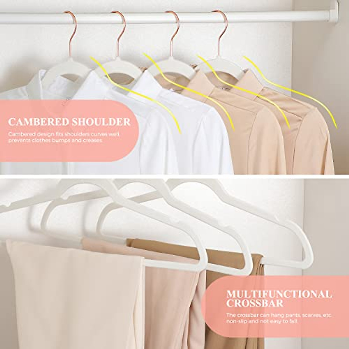 HOUSE DAY Pink Velvet Skirt Hangers 24 Pack and White Velvet Hangers 50 Pack, Non Slip Hangers Set