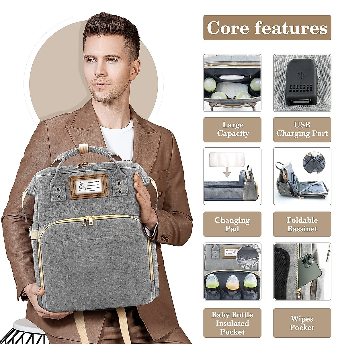 DAVFUN Diaper Bag Backpack with Changing Station, Portable Foldable Baby Bags for Boys, Large Capacity Waterproof Travel Bags with Changing Pad and Stroller Straps for Mom Dad (Grey)