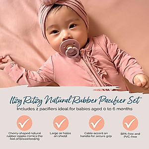 Itzy Ritzy Natural Rubber Pacifiers, Set of 2 – Natural Rubber Newborn Pacifiers with Cherry-Shaped Nipple & Large Air Holes for Added Safety; Set of 2 in Blossom & Rosewood, Ages 0 – 6 Months