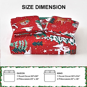 Dinjoy Christmas Red Duvet Cover Set King Size, 3 Piece Father Christmas Xmas Trees Snowman, Soft Microfiber King Duvet Cover Set for All Seasons