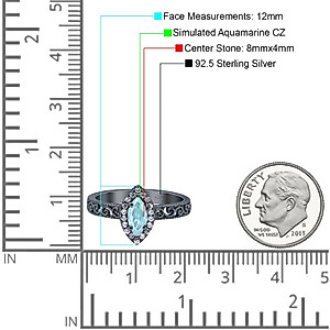 OMRANII Black Tone, Simulated Aquamarine CZ Size-10 Halo Art Deco Bridal Wedding Engagement Ring Marquise Round CZ 925 Sterling Silver