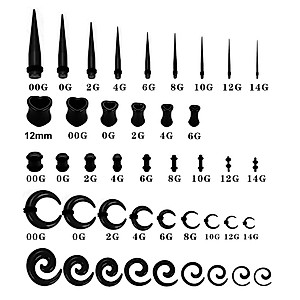 Magitaco 84 PCS Ear Stretching Kit Ear Gauges Expander Set Acrylic Tapers and Plugs Silicone Tunnels Horseshoes Taper Spiral Tapers Gauges for Ears Black