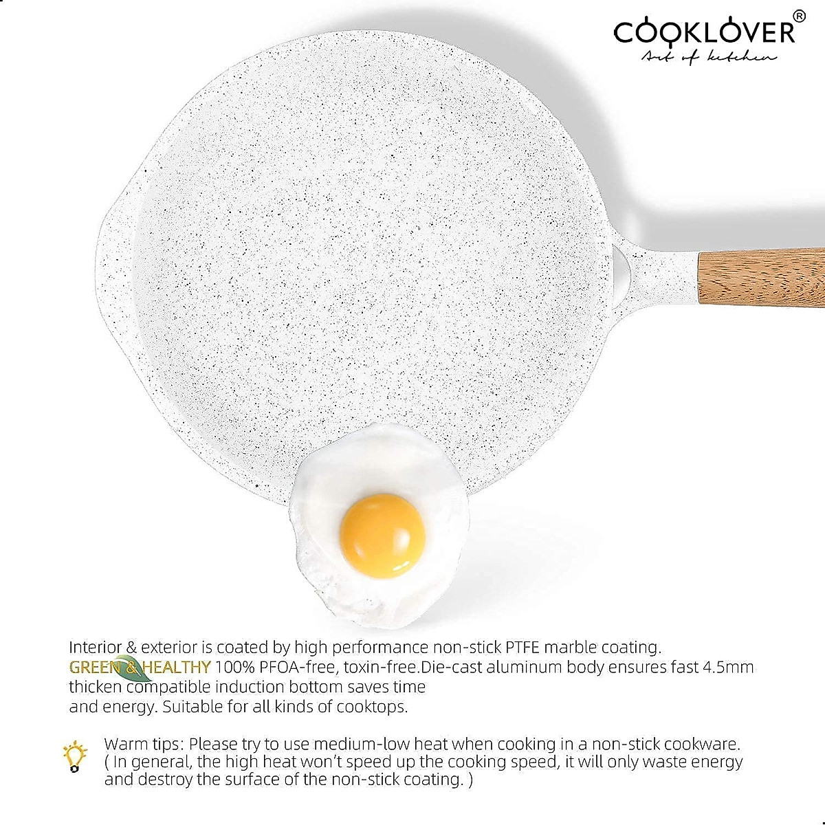 COOKLOVER Nonstick Frying Pan Induction Sauté Pan with Lid - 9.5 inch- White + Nonstick Frying Pan - 11inch- White