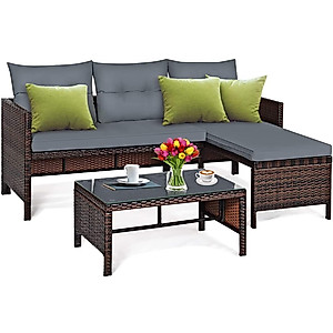 LUARANE Patio Corner Sofa Set, 3-Piece Outdoor Patio Conversation Furniture Sets, with Lounge Chair, Double Chair and Coffee Table, Patio Garden Poolside Lawn Backyard Furniture (Grey)