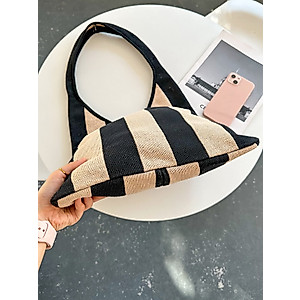 ENBEI The tote bags for women aesthetic Shoulder HandbagsShoulder Shopping Bag crocheted Bags large large tote Bag cute (Black khaki stripes)