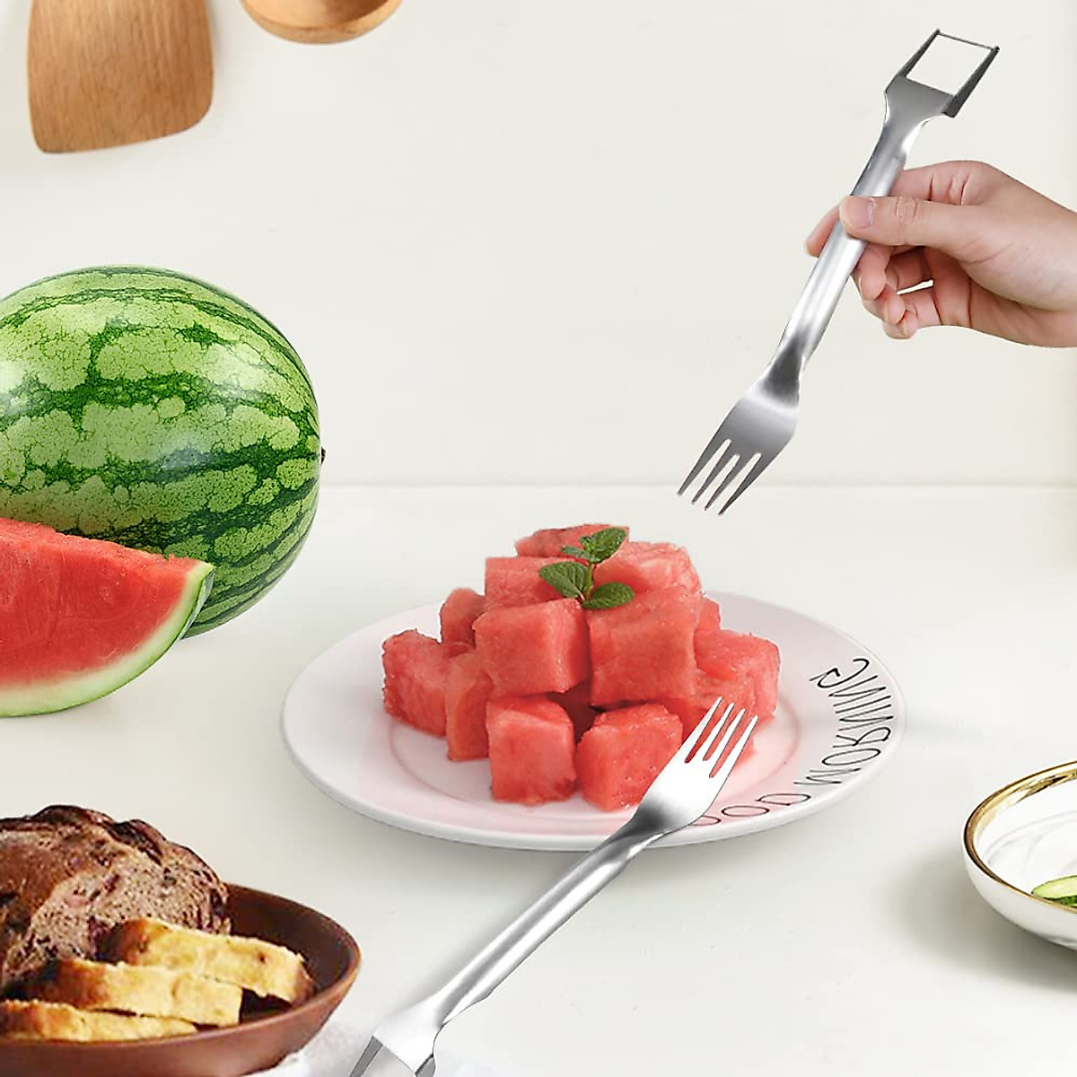 2-in-1 Watermelon Fork Slicer, Stainless Steel Watermelon Slicer Cutter Tool, Fruit Vegetable Slicer Fork Melon Cutter, Fruit Cutting Fork Slicer Kitchen Gadget for Family Parties Camping (5 PCS)
