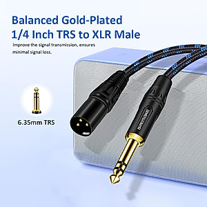 DREMAKE XLR to 1/4 Inch TRS Mic Audio Cable, 6FT XLR 3 Pin Male to Quarter Inch 6.35mm/6.5mm TRS Male Balanced Interconnect Patch Cord for Electric Drum, Saxophone, Effect Pedal, AMP, Power Amplifier