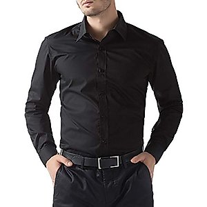 PJ PAUL JONES Men's Black Long Sleeve Button Down Dress Shirts Designer Slim Fit Dress Shirts Office Wear (Black,L)