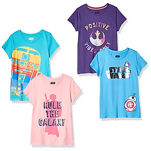 Amazon Essentials Disney | Marvel | Star Wars | Frozen | Princess Girls' Short-Sleeve T-Shirts, Pack of 4, Star Wars Rule The Galaxy, XX-Large