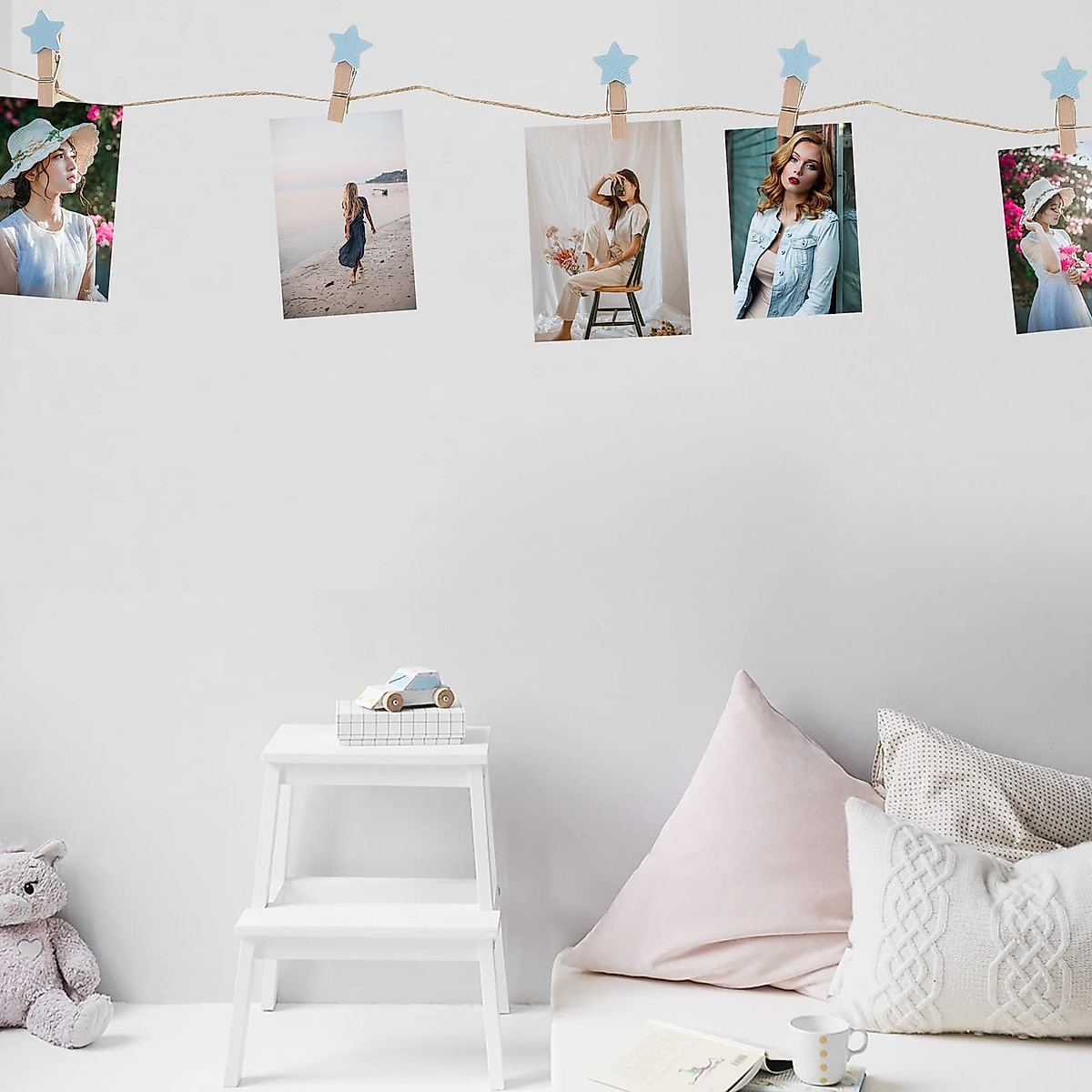 HEALLILY 100pcs Mini Wooden Clothespins Star Shape Wall Hanging Photo Clips Picture Pegs Craft Clips with Hemp Rope Blue