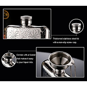 LANZON Hip Flask with Funnel, All 18/8 304 Food Grade Stainless Steel Curved Pocket Flask for Liquor | 6 OZ Capacity | Gift Boxed (Flower Pattern)