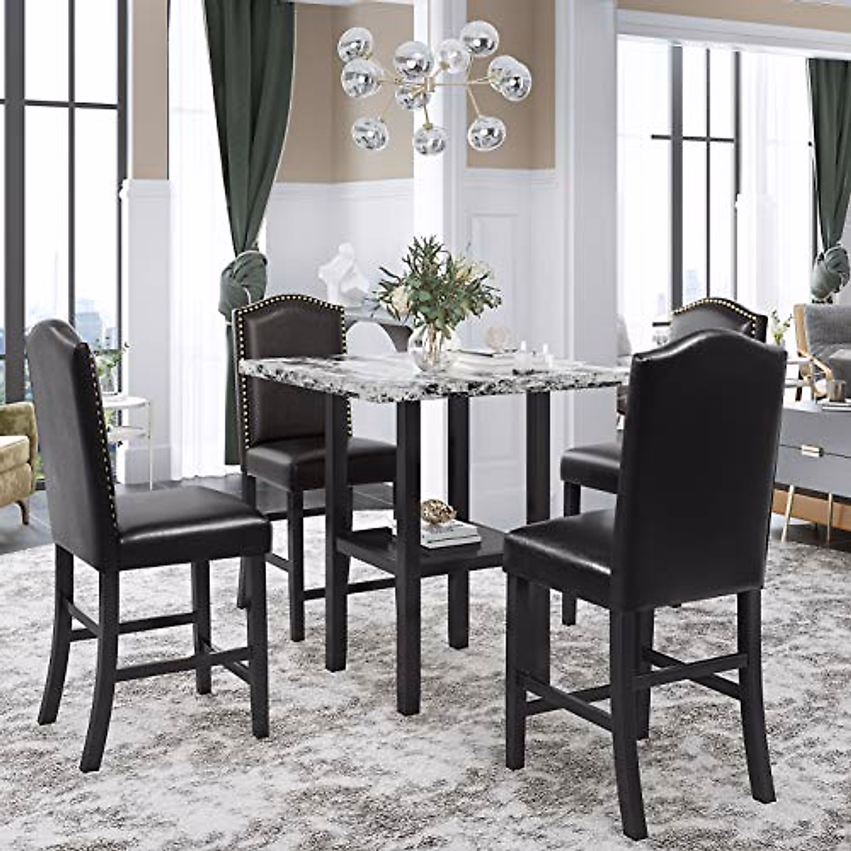 LIADTOP Counter Height Pub 5 Piece, Dining Set Marble Veneer Top Kitchen Bottom Shelf and 4 PU Leather Chair Table, Black+Gray