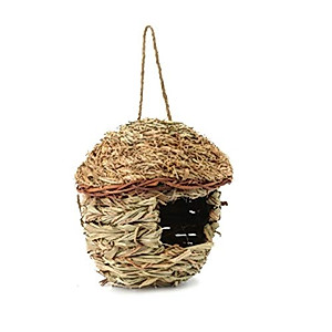 POPETPOP Hanging Bird House Handwoven Grass Bird Hut - Bird Nest for Parakeets Parrots Canary and Other Small Pets - Bird Cage Accessories - Size M