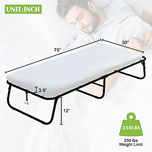 Twin Size Guest Folding Bed, Portable Fold Up Rollaway Bed with 3.9" Thick Memory Foam Mattress & Sturdy Frame, 200LBS Max Load Foldaway Guest Bed for for Spare Bedroom & Office, No Assembly Required