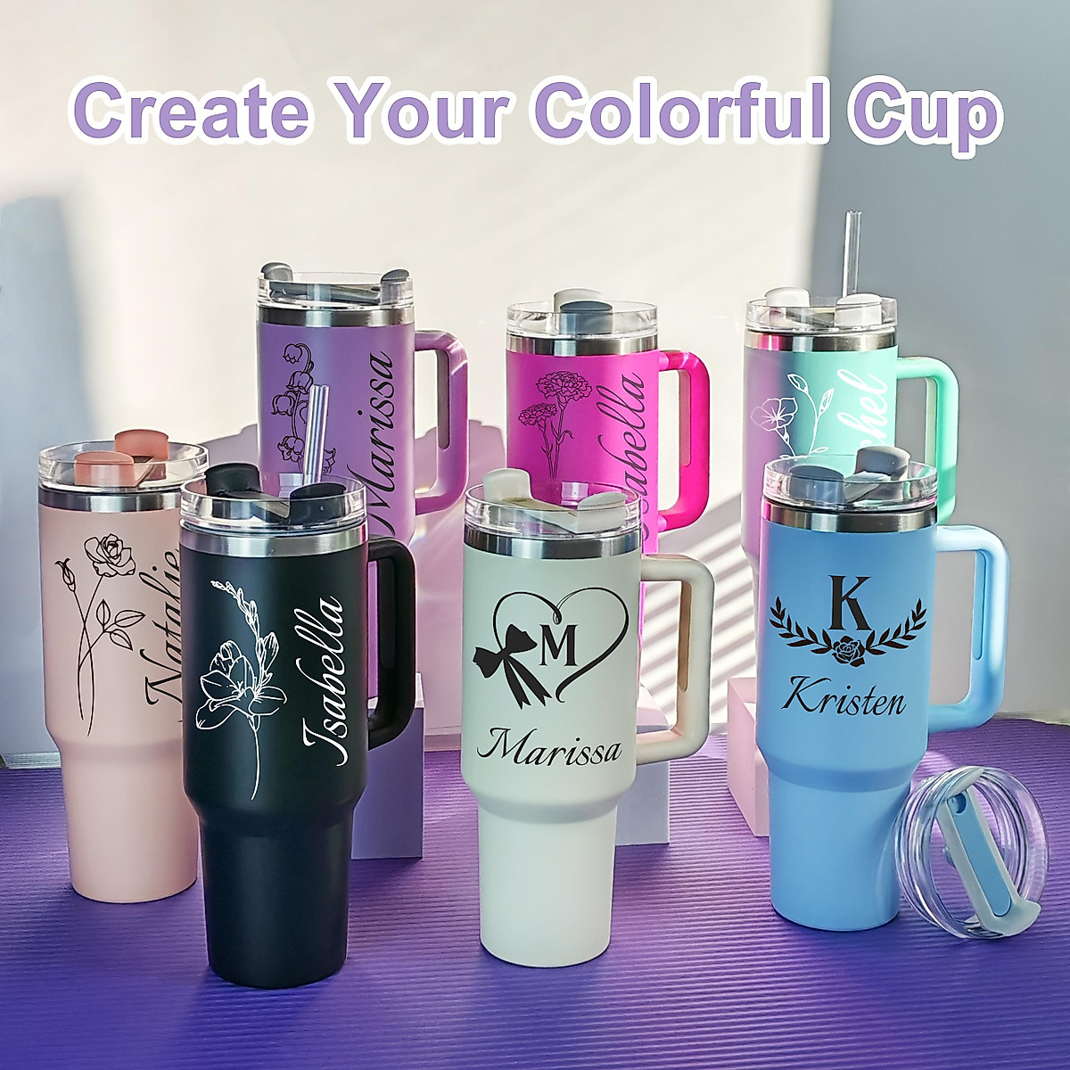 Personalized 40 Oz Tumbler with Handle and Straw, Custom Stainless Steel Insulated Tumbler with Name and Engraved Birth Month Flower, Travel Coffee Mug Personalized Gifts for Women and Girls