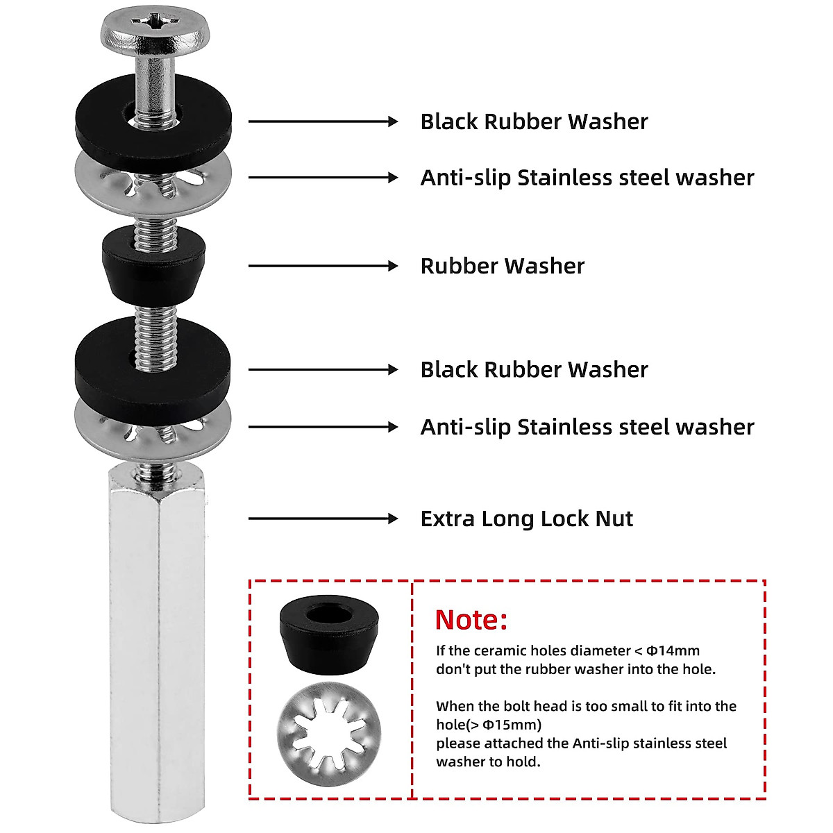 iFealClear 2 PCS Extra Long Toilet Seat Bolts Kit, Universal Heavy Duty Stainless Steel with Extra Long Downlock Nuts Rubber Toothed Gaskets, Easy to Install -Bathroom Toilet Bidet Repair Screw