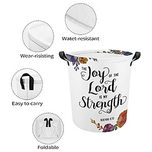 Christian Bible Verse Inspirational Quote Laundry Basket Large Round Canvas Laundry Hamper with Handles Foldable Storage Bin for Dirty Clothes Hamper Bedroom Bathroom
