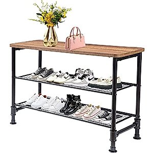 TEAKMAMA 3-Tier Shoe Bench, Shoe Rack, Shoe Shelf Storage Bench with Metal Mesh Shelves and Seat, Wood Free Standing Shoe Organizer for Entryway, Outdoor, Living Room