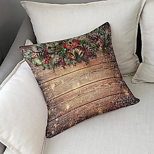 Christmas Bells Fir Tree Throw Pillow Covers 18×18 Pillowcases Set of 2 Dark Wooden Board Linen Decorative Square Pillow Case Cushion Covers Standard Size for Sofa Couch Outdoor Bed Pillow Protectors