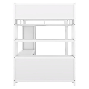 Linique Full Size Metal Loft Bed with L-Shape Desk, Wardrobe and Storage Shelves, Full Length Guardrail and Ladder, White